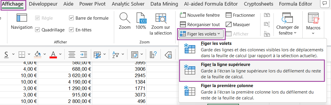 Comment figer une ou plusieurs lignes ou colonnes sur Excel